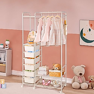 PACHIRA E-Commerce Rolling Clothes Rack for Hanging Clothes 6 Drawers, White Clothing Racks on Wheels Freestanding Clothing Garment Rack 37" W x 14.5" D x 66" H