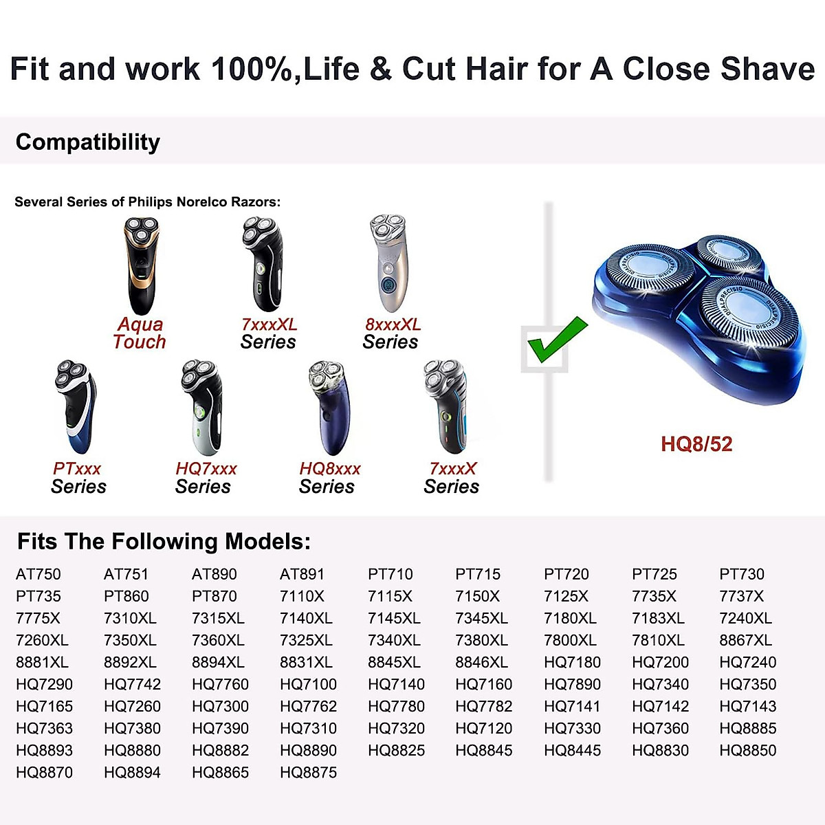 HQ8 Replacement Heads Compatible with Philips Norelco Aquatec Shaving Head Razor, Blades for PT730 AT880 AT811, 6-pc Pack