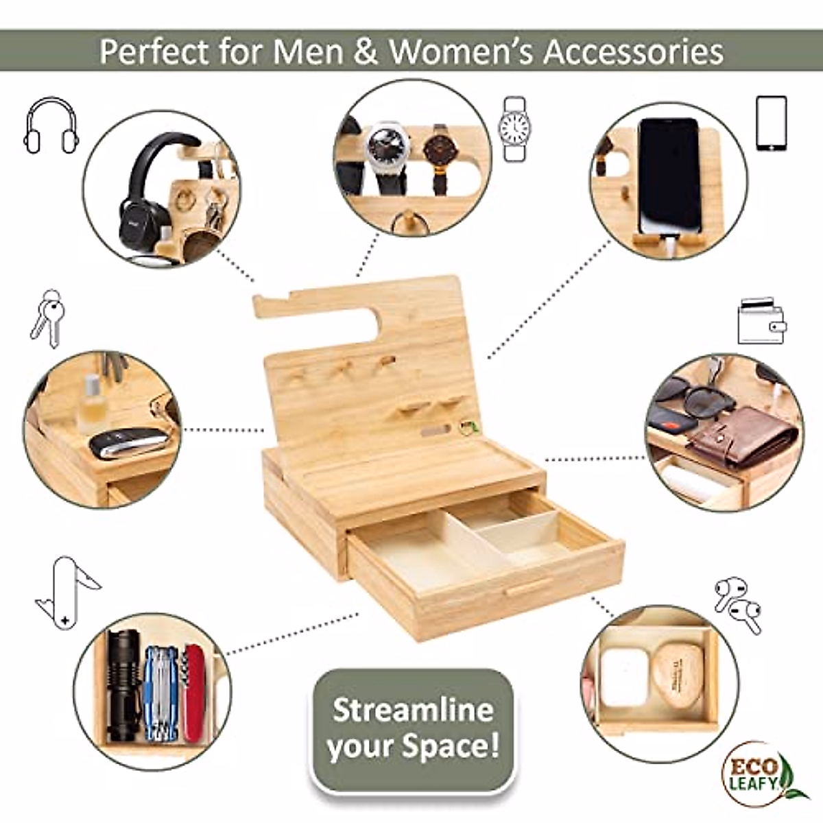 EcoLeafy Dot Nightstand Organizer- Docking Station for Men- Cool Mens Birthday Gifts- Gifts for Guys- Bedside Table Organizer, Wallet and Key Organizer for Cellphone, Watch, and Mens Accessories