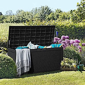 GUNJI 100 Gallons Outdoor Storage Box Waterproof Large Resin Deck Box Patio Storage Bench Lockable Storage Container for Outdoor Cushions, Pool Supplies and Garden Tools (Black)