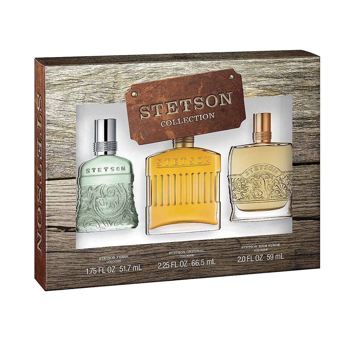 Stetson 3-Piece Decanter Set with 2.25-Ounce Original Cologne, 1.75-Ounce Fresh Cologne, and 2-Ounce Rich Suede Cologne, Total Retail Value $71.00