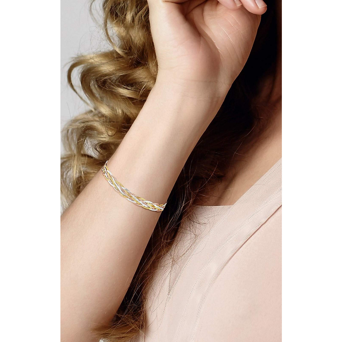 Miabella Tri-Color 18K Gold Over 925 Sterling Silver Italian 6-Strand 7mm Braided Herringbone Chain Bracelet for Women, Made in Italy (Length 6.5 Inches)