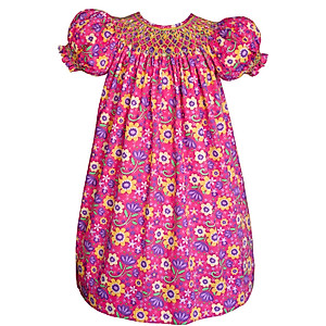 Hand Smocked Baby Girls Bishop Dress in Hot Pink Floral Fabric