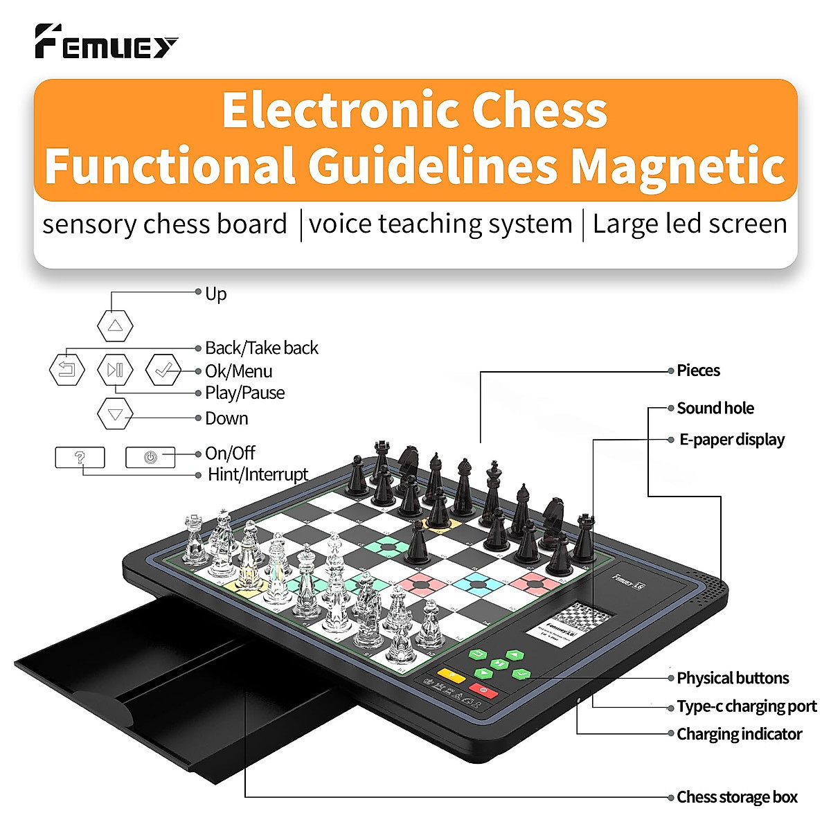 Electronic Chess Set, Chess Set Board Game, Computer Chess Game, Electronic Chess Game, LEDs,Built-in Battery, Great Partner for Play and Practice