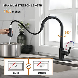 Rainovo Kitchen Faucet with Pull Down Sprayer Matte Black, 3 Hole Kitchen Sink Faucet Stainless Steel Single Handle, High Arc Faucets with Deck Plate Commercial Modern with Pull Out Sprayer
