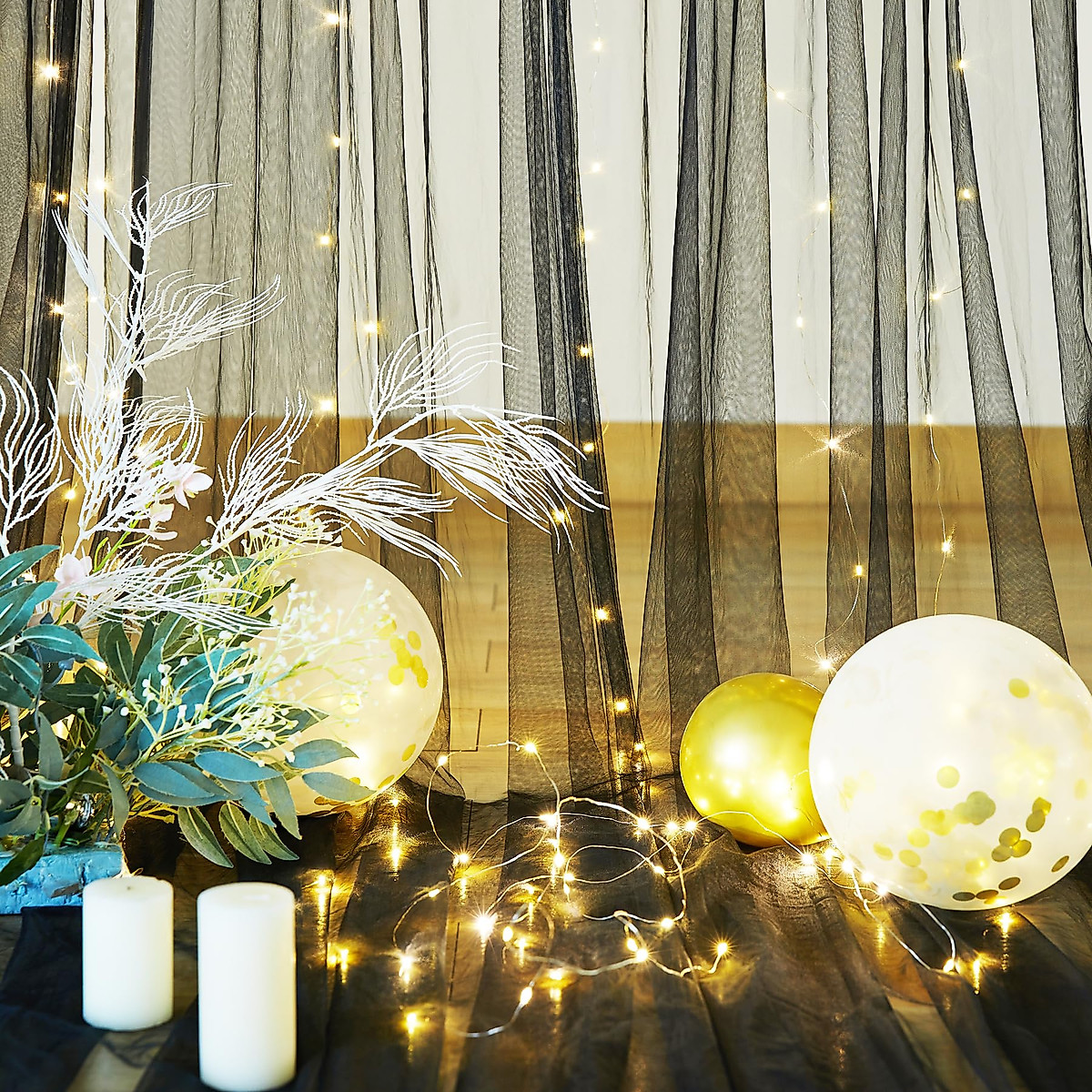 Black Sheer Backdrop Curtains with Lights String for Birthday Party 10ft × 8ft Black Tulle Backdrop Curtain for Baby Shower Halloween Photo Shoot Decorations