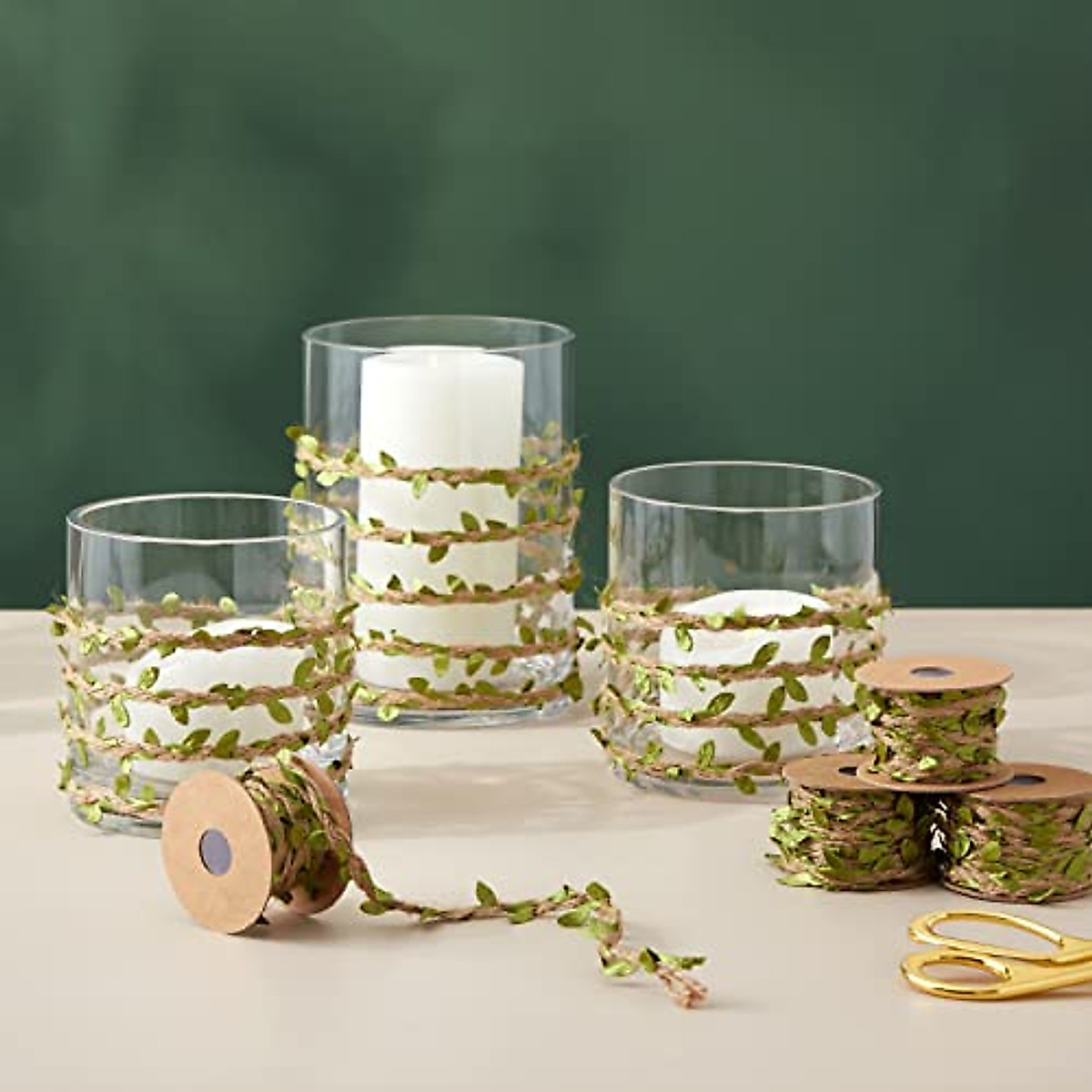 4 Rolls of Burlap Leaf Ribbon, 65.6 Feet Green Vine Twine for Jungle Safari Birthday Party, Baby Shower, Home Decorations, Gift Wrapping