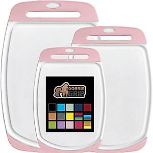 The Original GORILLA GRIP Oversized 100% BPA Free Reversible Durable Kitchen Cutting Board Set of 3, Juice Grooves, Dishwasher Safe, Easy Grip Handle Border, Food Chopping Boards, Cooking, White Pink