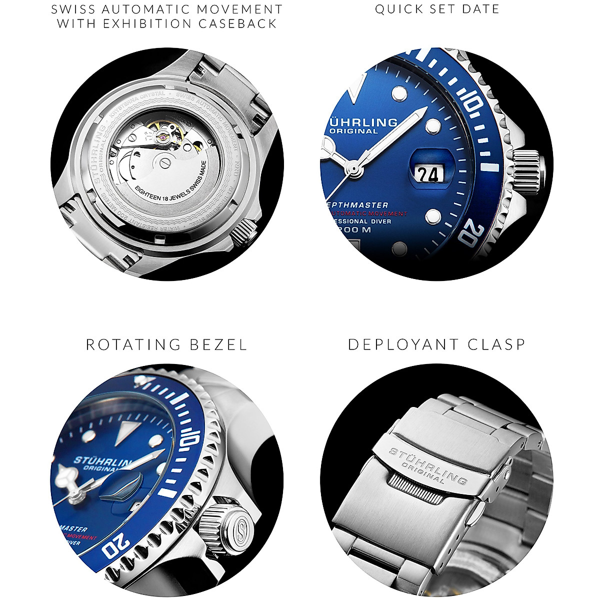 Mens Automatic Stainless Steel Professional DEPTHMASTER Dive Watch, 200 Meters Water Resistant, Brushed and Beveled Bracelet with Divers Safety Clasp and Screw Down Crown (Blue)