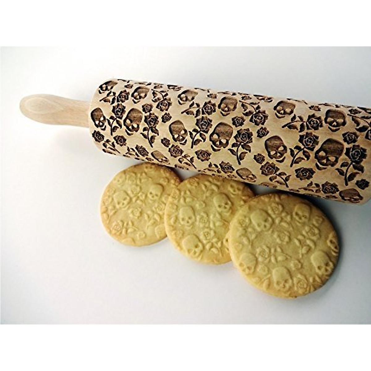 SUGAR SKULL and ROSES Embossed Rolling Pin for Halloween cookies. Laser Engraved Dough Roller for Embossing Homemade Cookies by Algis Crafts