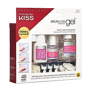 KISS Brush-On Gel Finish Fake Nail Kit French Manicure Set, 48 Short Length Square Shaped French & Natural Glue-On Nail Tips