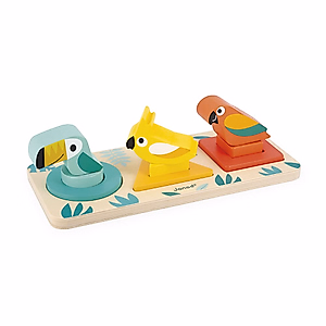 Janod - Tropik My First Shapes - Wooden Early-Learning Toy - Educational Toy: Shapes and Colors - 9 Slot-in Shapes - Water-Based Paint - 1 Year + J08266