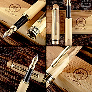 Gorgeous Bamboo Fountain Pen made of Luxury Wood with Refillable Converter, Beautiful Case Set and Medium Nib Point. Works Smoothly with International Disposable Cartridges. Fine Calligraphy Pens!
