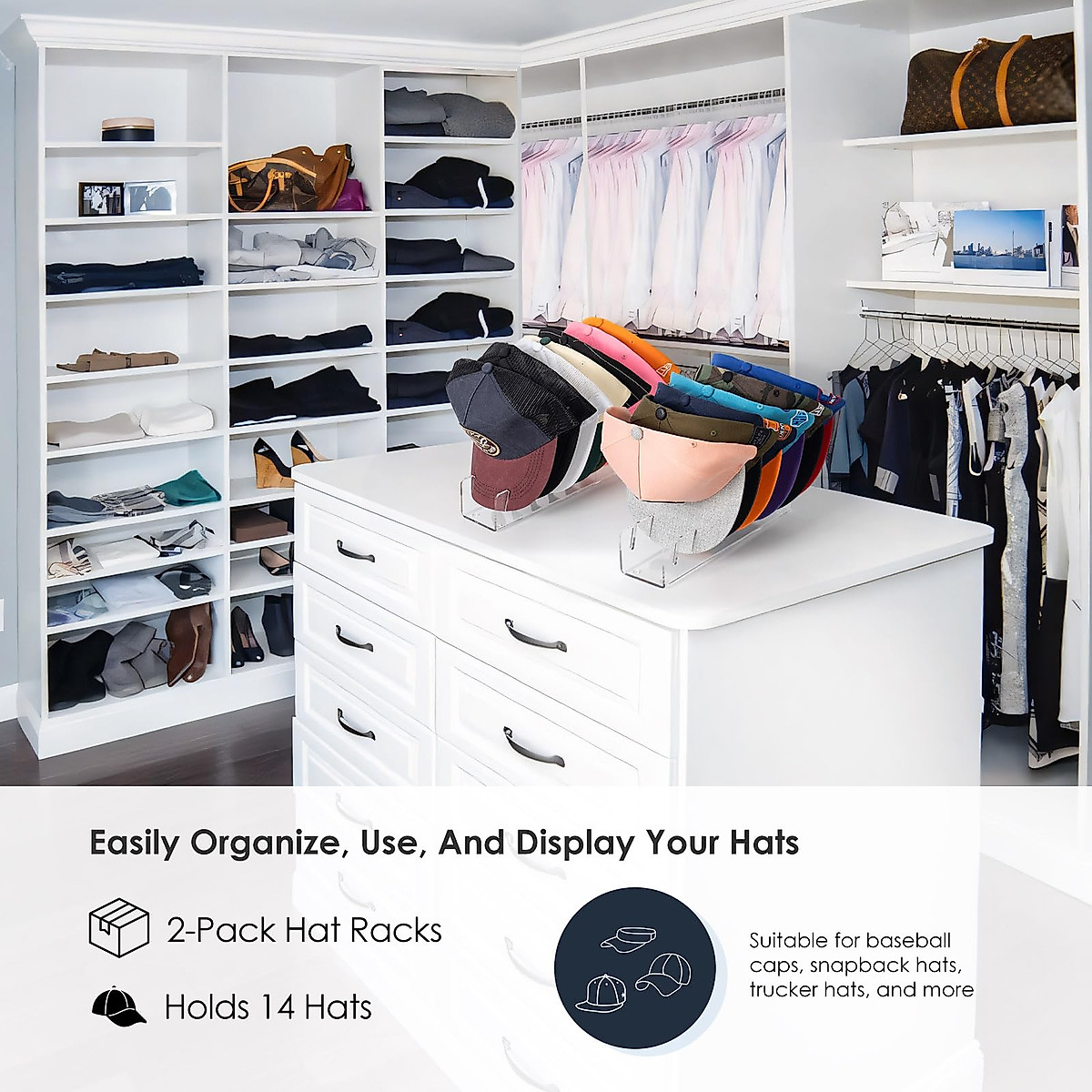 OAPRIRE Hat Stand for Baseball Caps Display and Organizer, No Install Acrylic Hat Organizer 2 Pack Holds 14 Baseball Caps for Closet, Bedroom, Dresser (Clear)