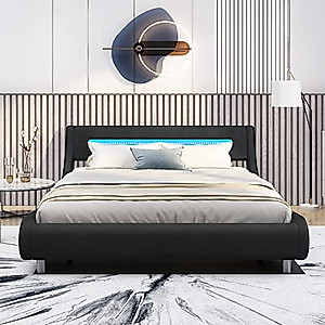 MWrouqfur Low Profile Upholstered Platform Bed with LED Lights Headboard, Hydraulic Lifting Under Bed Storage, Modern Curved PU upholstered Low Profile Platform Bed Frame for Kids Teens Adults