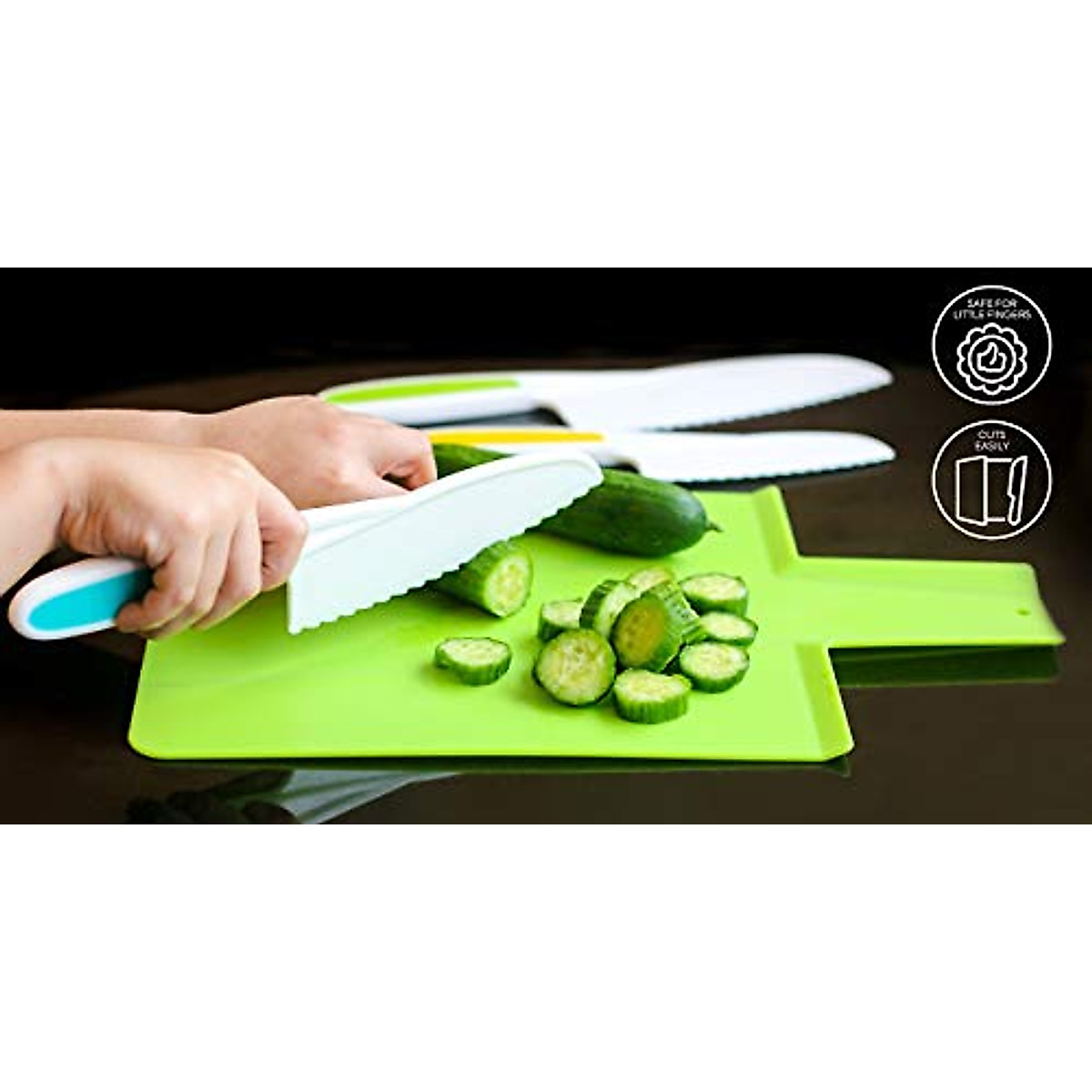 Tovla Jr Kids Kitchen Montessori Knives and Foldable Cutting Board Set: Children's Safety Cooking Knives in 3 Sizes & Colors/Firm Grip, Serrated Edges, BPA-Free Kids' /Safe Lettuce Knives (Green)