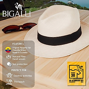 Bigalli Puerto Cayo Original Panama Hat for Women Men Summer & Beach Hat, Center Dent Shape with Grosgrain Ribbon, Toquilla Straw Grade 3 | UV Protection SPF 30 | Sun Fedora Hats | Natural X Large