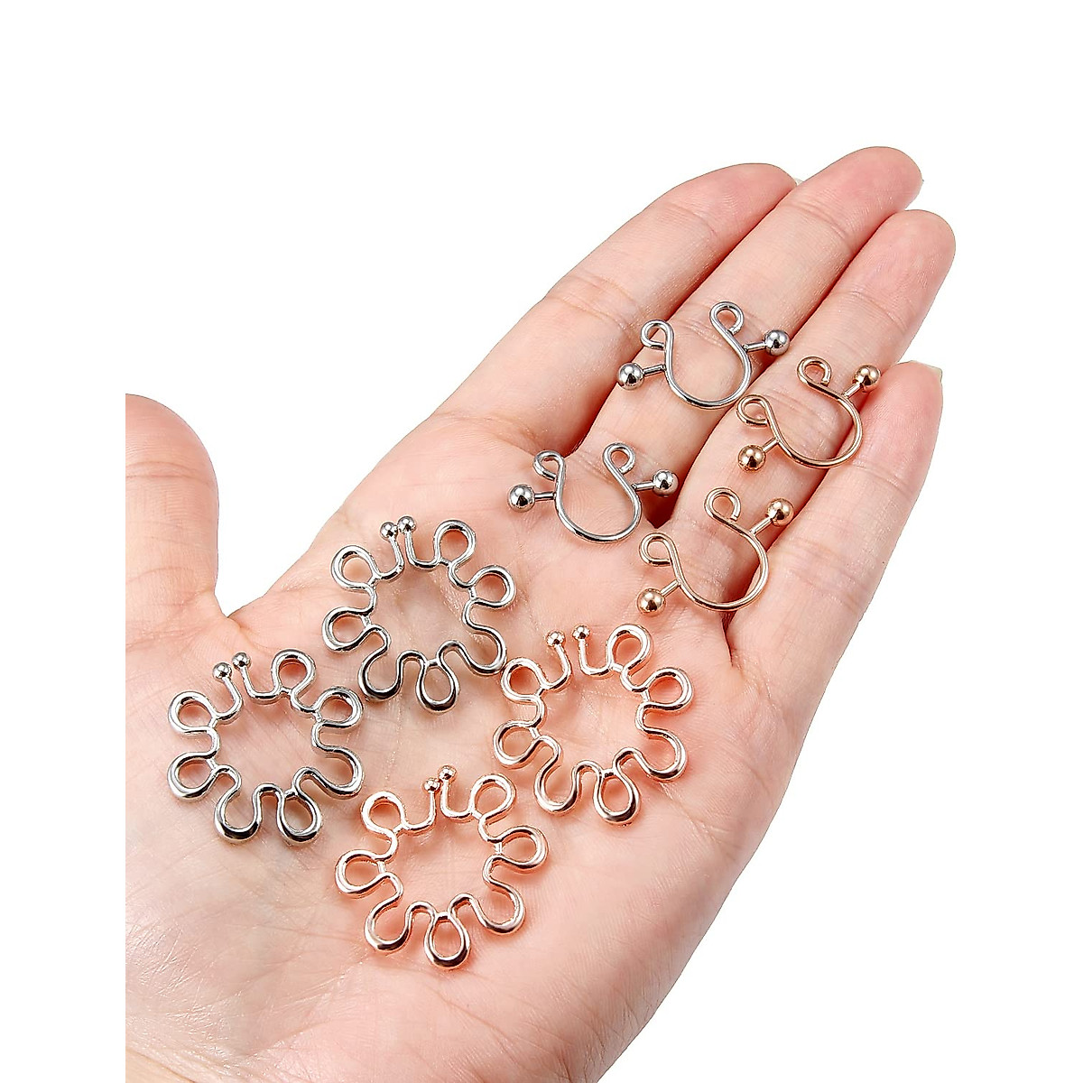 Kadogohno Fake Faux Non Piercing No Pierce Clip On Cute Metal Body Piercing Rings Barbells Jewelry Set for Women Hypoallergenic Stainless Steel