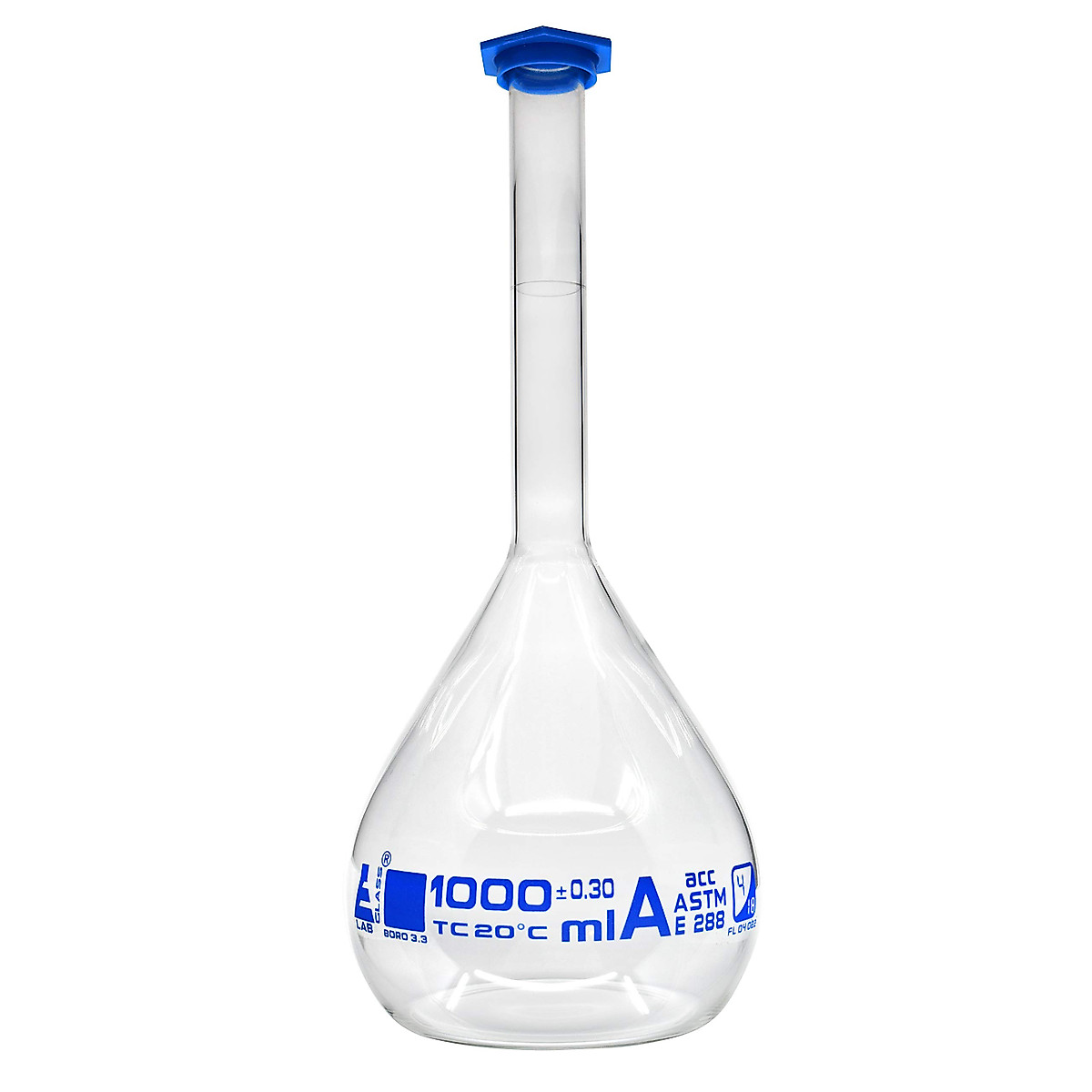 EISCO Volumetric Flask, 1000ml - Class A, ASTM - Snap Cap - Blue Graduation Mark, Tolerance ±0.300ml