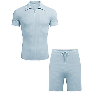 URRU Men's Polo Shirt and Shorts Set Summer Outfits Casual Short Sleeve Polo Suit for Men 2 Piece Shorts Tracksuit Set Light Blue L