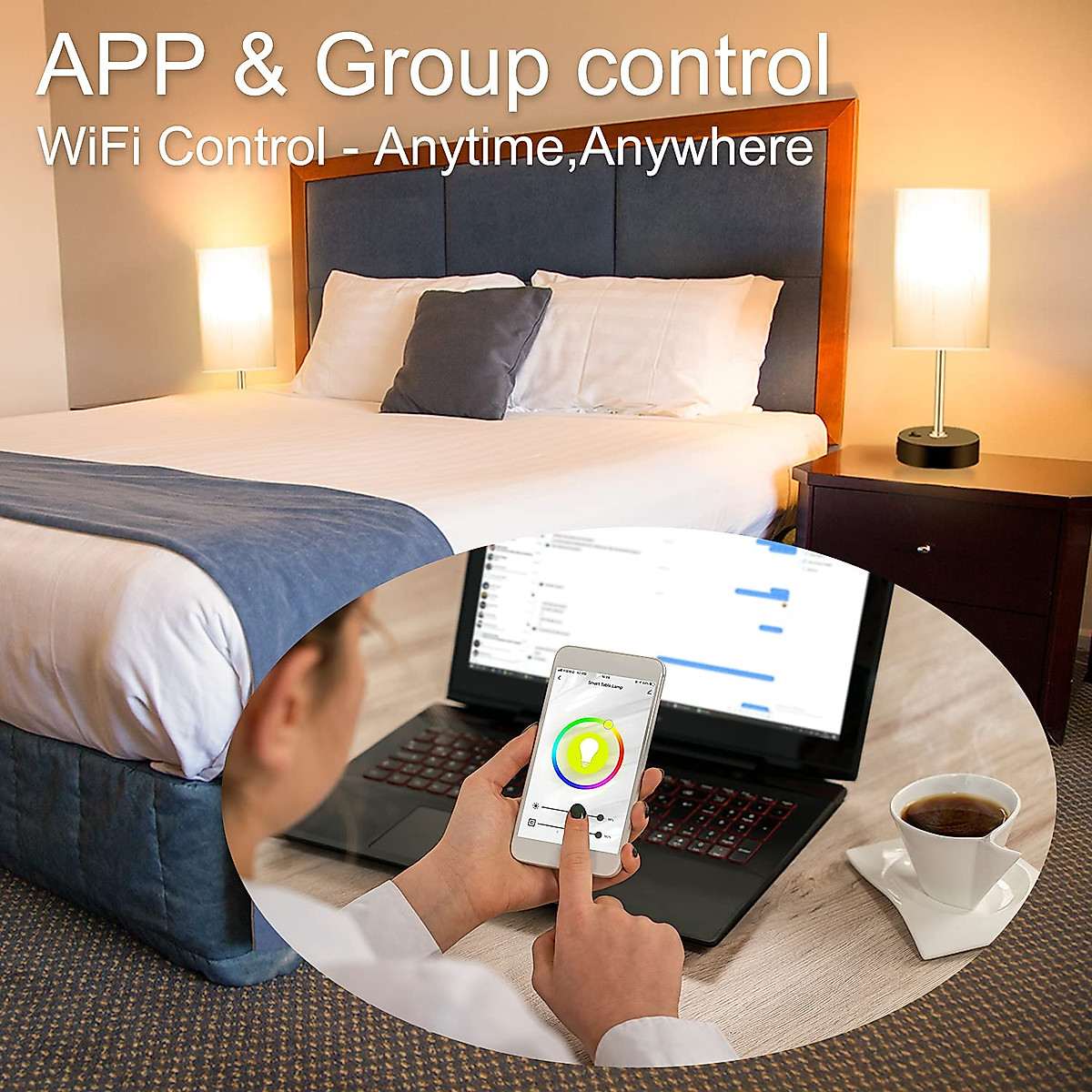 Peteme Smart RGB Bedroom Lamps with APP Control & Music Sync, 2 USB Port Dimmable Alexa Lamps Bulb Included, Bedside Lamp, Nightstand Light for Bedrooms and Living Room