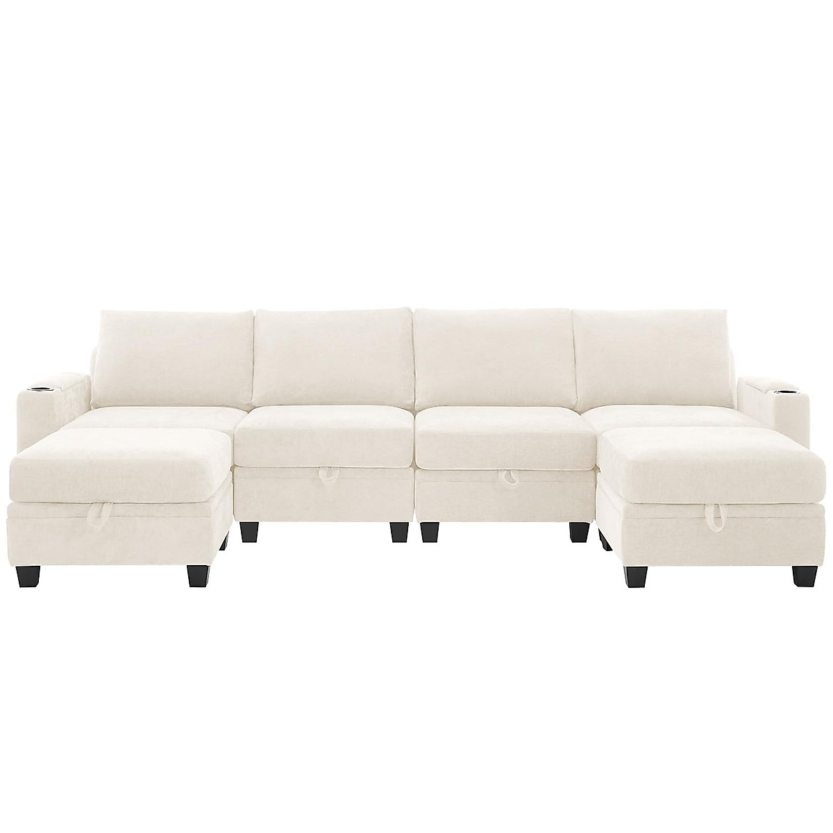 Bumblr 117.4" Convertible Sectional Couch with Storage Seat, 6 Seat Modern U Shaped Sectional Sofa with Double Reversible Chaise, Comfy Chenille Armrest Storage and Cup Holder for Living Room, Beige