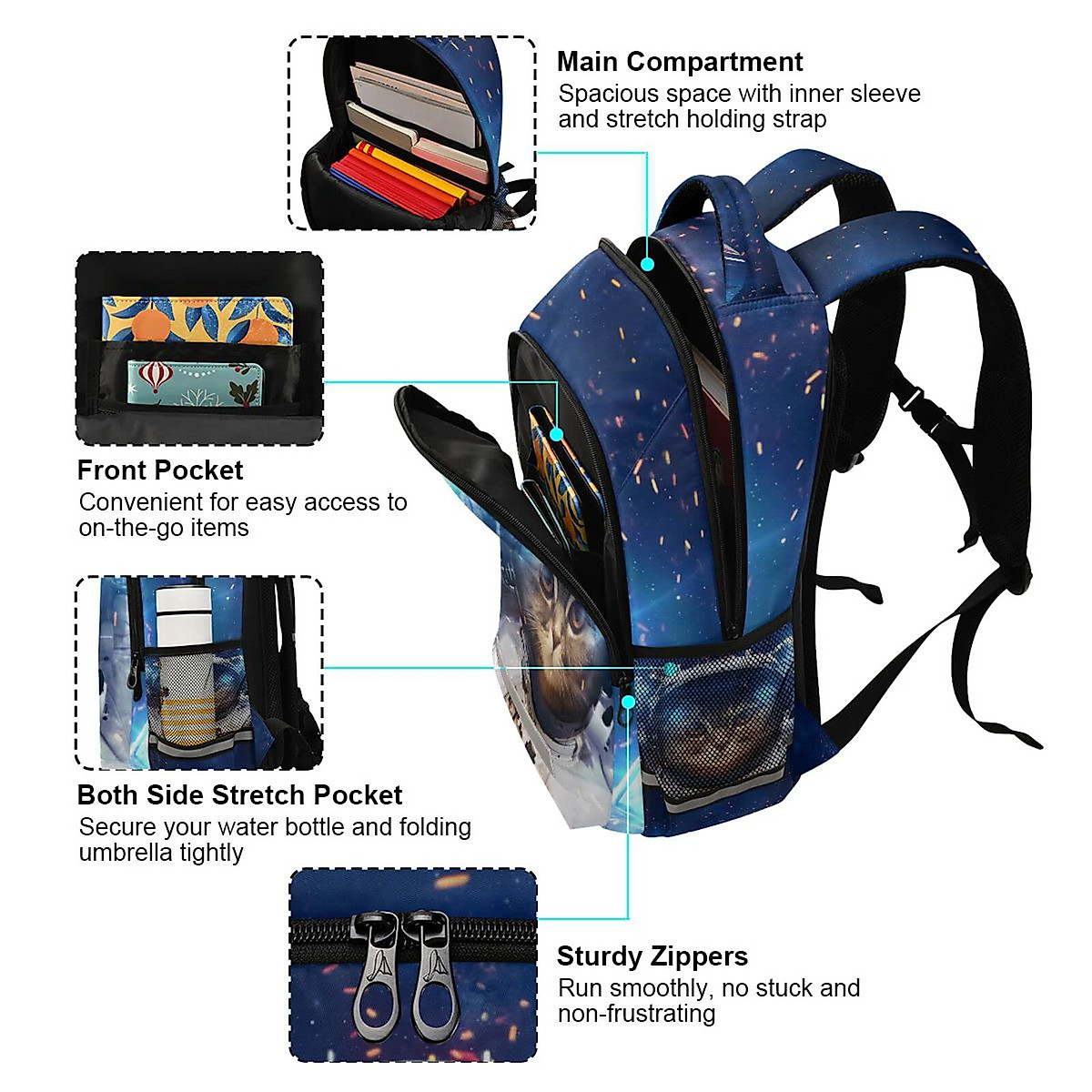 Kids Backpack Cat Astronaut Bookbag Elementary School Bag for Boys Girls Travel Rucksack