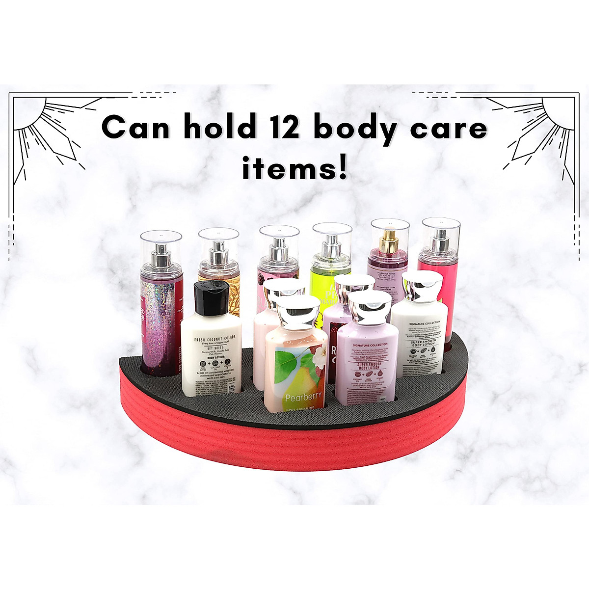 Polar Whale 2 Lotion and Body Spray Stand Organizer Half Circle Large Trays Red Black Durable Foam Washable Waterproof Insert for Home Bathroom Bedroom Office 16.5 x 8.5 x 2 Inches 12 Slots 2pc Pair