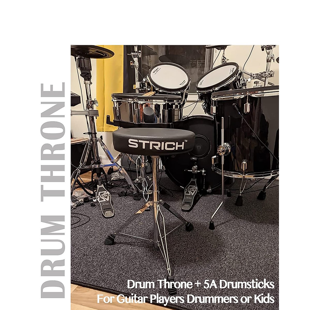 STRICH Drum Stool Set, Padded Seat Height Adjustable Drum Throne with 5A Drumsticks for Adults Beginner Drummers, SDB-10 Standard
