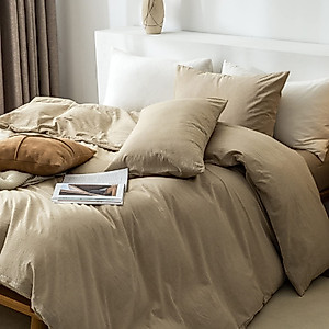 TIPTOE BEAR King Duvet Cover Set- 100% Washed Cotton 3 Pcs Soft Comfy Breathable Chic Linen Feel Bedding, 1 Duvet Cover and 2 Pillow Shams, Beige