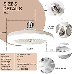 BaoBrot 10" Socket Fan Light,Small Mini Ceiling Fan With Lights Remote,3 speeds 3 Color Dimming Plug in Ceiling Fan, Family Summer Gift for Garage Tool Room and Store Room