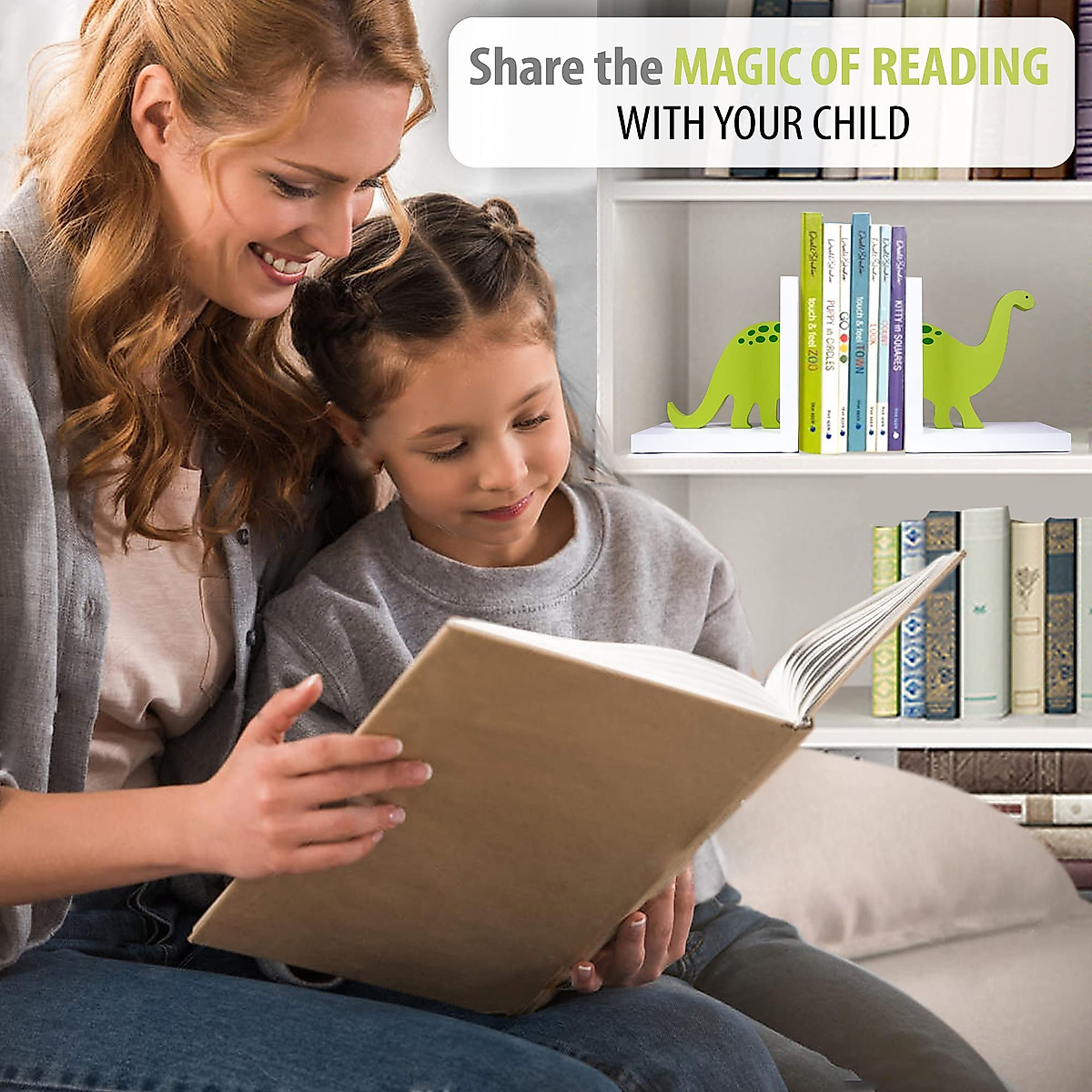 Copper Tree - Kids bookends - 2 Sets of Dinosaur Bookends – Children Book Holders for Shelves – Wooden Dinosaur Shelf Decor – Large Wooden Book Stopper for Nursery, Kids and Boys Room