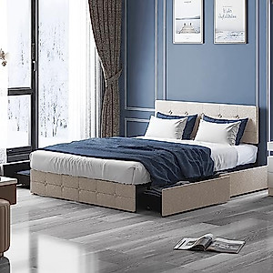 CECER California King Size Bed Frame with 4 Storage Drawers, Linen Platform Bed Frame with Upholstered and Button Tufted Headboard, No Box Spring Needed Bed Frame with Adjutable Headboard-Beige