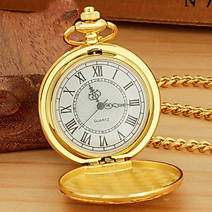 Realpoo Gold Large Decorative Flower Pattern Pocket Watch White Roman Numeral Scale Quartz Pocket Watches for Men with Chain