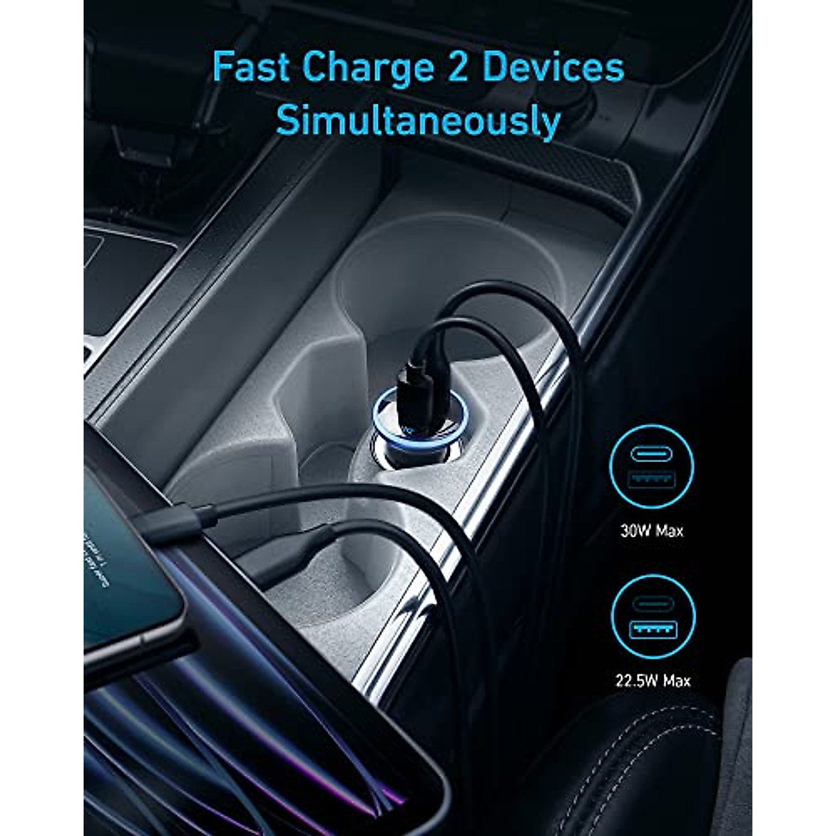 USB C Car Charger Adapter, Anker 52.5W Cigarette Lighter USB Charger, 323 Anker Car Charger with 30W PowerIQ 3.0 Fast Charging Cable for iPhone 15/15 Pro Max, 14/13/12 Series, Galaxy S23/22, Pixel