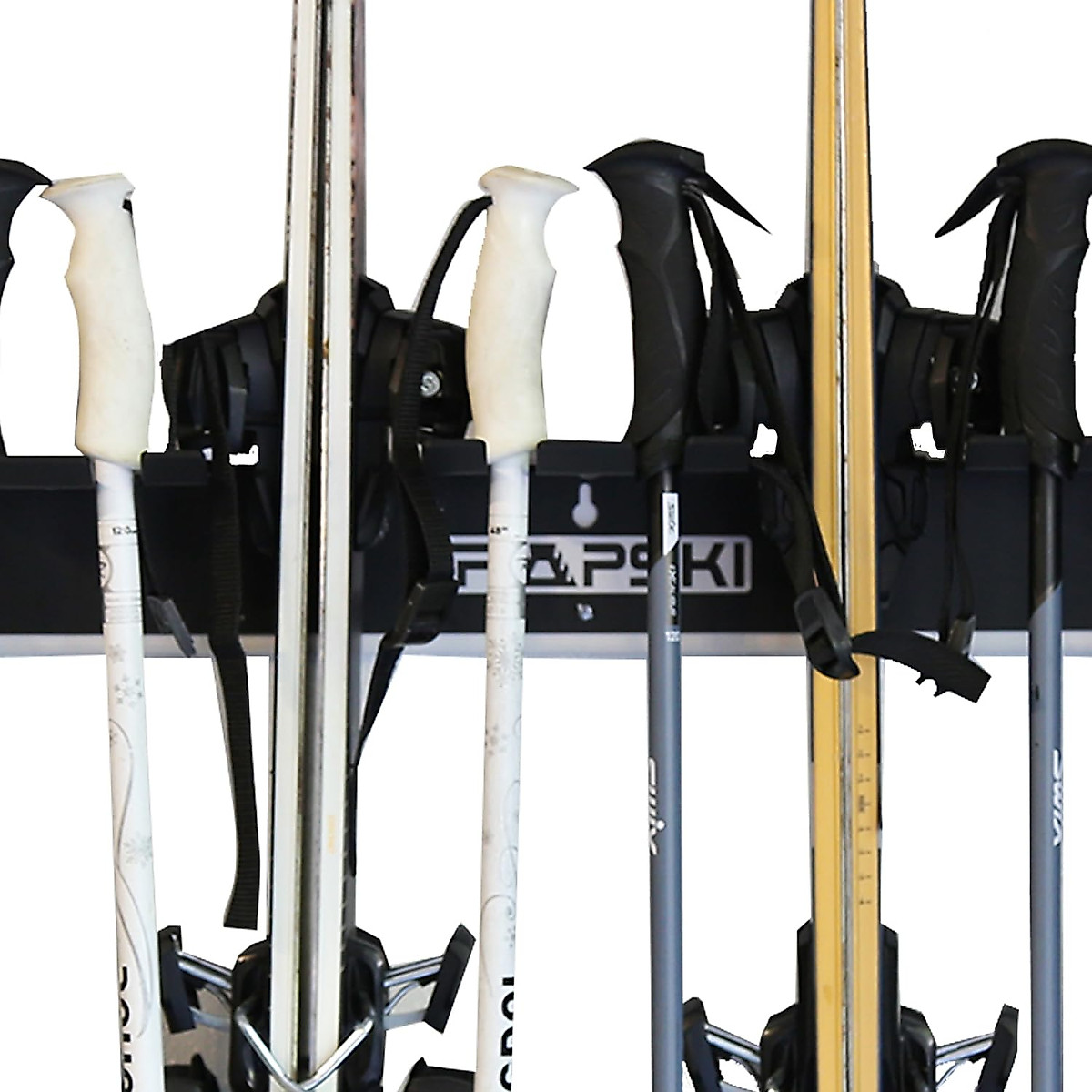 TRAPAWAY Wall Rack | Holds 4 pair of Skis or Snowboard by Bindings | Garage Organizer for Yard Tools, Gear & Equipment | Aluminum | No Moving Parts to break or pinch | Made in the USA (Black Quad)