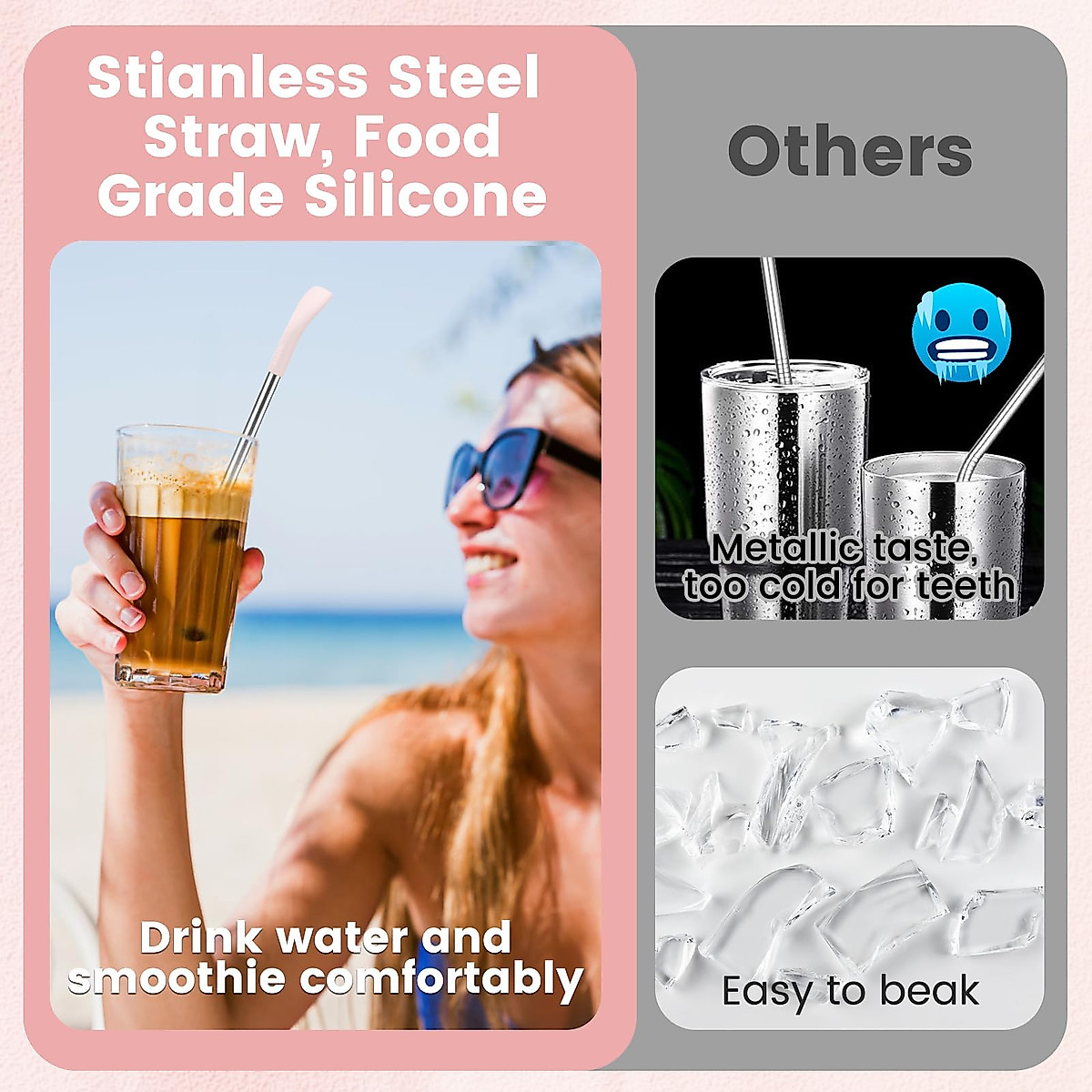 OUTXE Anti Wrinkle Straw 6 Pcs, Stainless Steel Drinking Straw for Stanley 40 oz 30 oz Tumbler, Reusable Wrinkle Free Long Metal Straw for Lip with Cleaning Brush and Carrying Bag