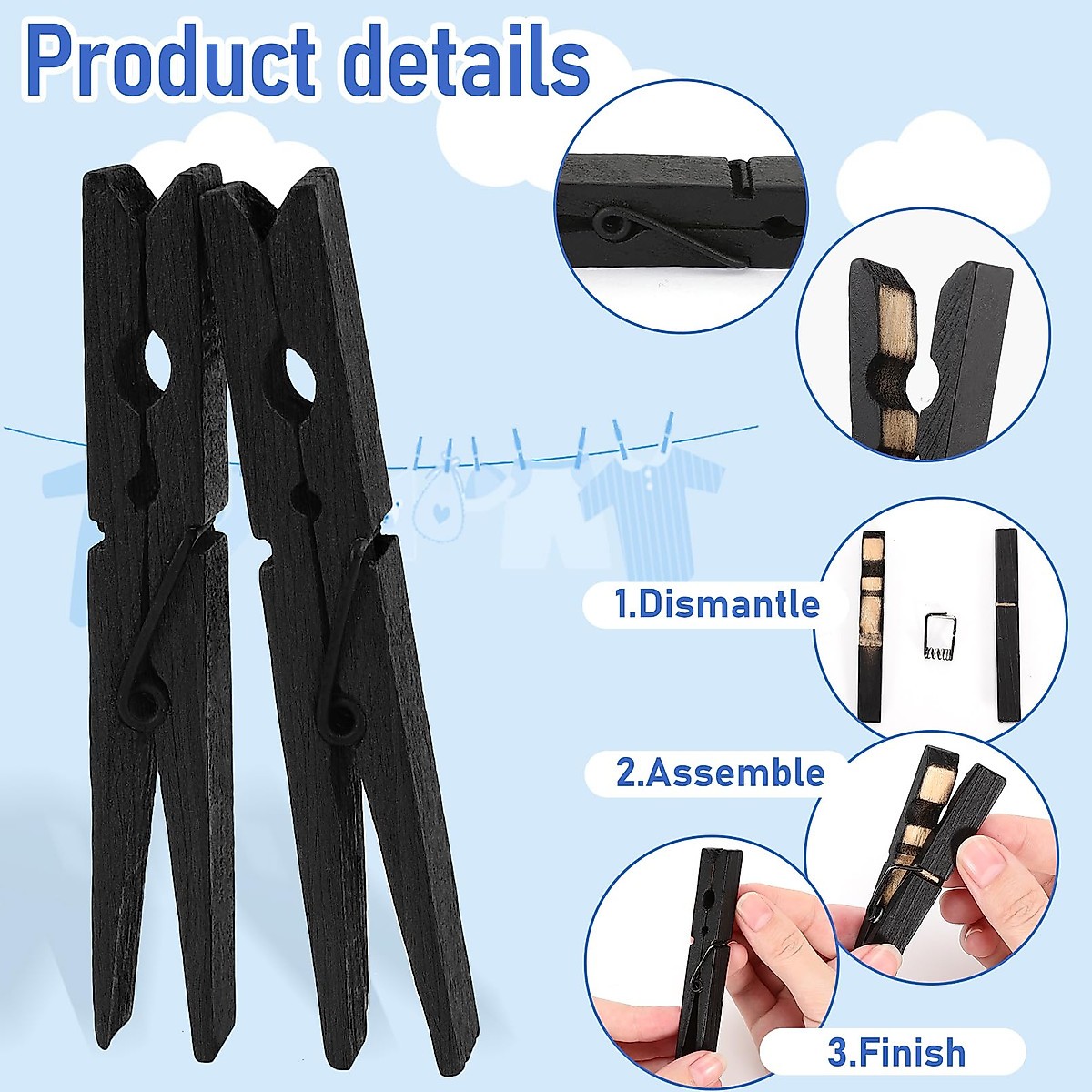 Cptoion 100PCS Clothes Pins Wooden,4" Large Wooden Black Clothespins,Black Wooden Clothespins,Wooden Clips for Crafts Hanging Clothes Pictures (Black)