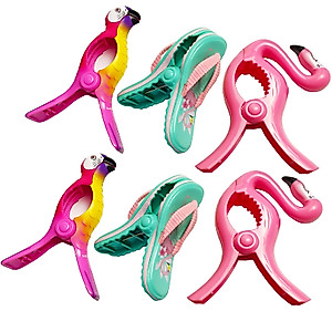 6 Pieces Beach Towel Clips, Flip Flop Towel Holders, Flamingo Chair Clips, Parrot Clips, Clothes Pins in Prefect Size for Pool Loungers Blanket