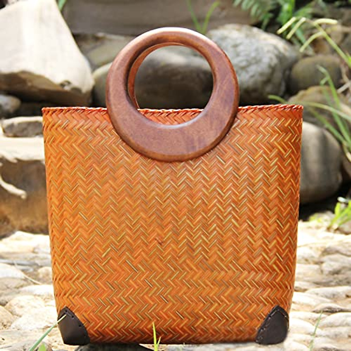 QTKJ Straw Bag for Women, Summer Beach Handmade Rattan Tote Bag, Round Wooden Handle, Boho Retro Straw Woven Handbag, Large Beach Vacation Bag (Yellow)