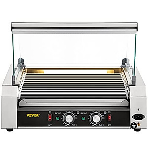 VEVOR Hot Dog Roller, 30 Hot Dog Capacity 11 Rollers, 1800W Stainless Steel Cook Warmer Machine w/Cover & Dual Temp Control, LED Light & Detachable Drip Tray, Sausage Grill Cooker for Kitchen Canteen