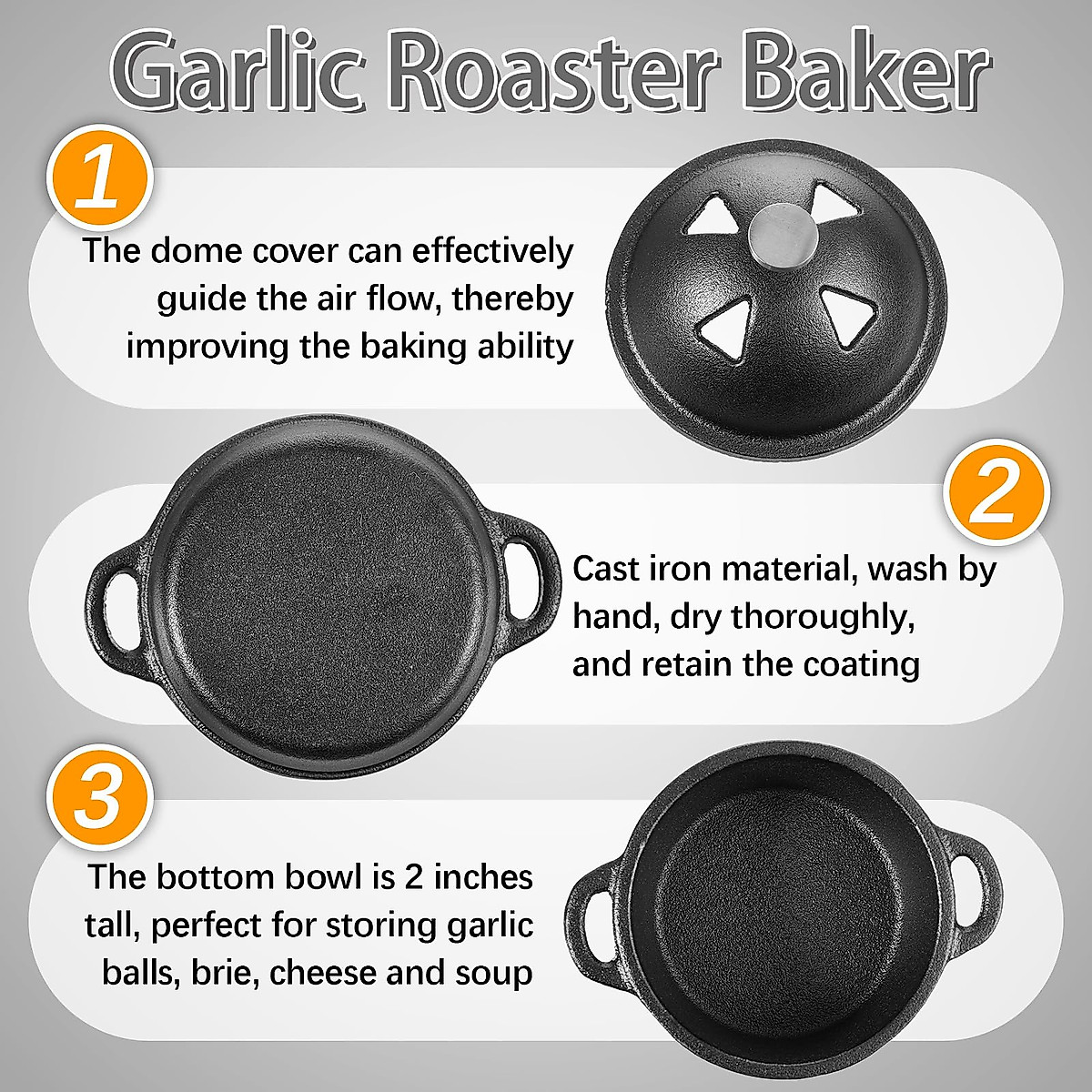 FoldTier 4 Pcs Garlic Roaster Baker Cast Iron Dutch Oven Pre-seasoned Cast Iron Pot 8 oz Mini Cocotte with Lid and Handle Small Black Potato Garlic Baker for Oven BBQ Grill Kitchen Outdoor