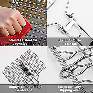 Fish Grill Basket, Fish Basket Non-stick Stainless Steel Foldable Nets Portable with Removable Handle Easy-to-flip for Steaks Seafood Vegetables Outdoor Barbecue