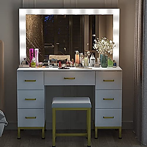 PAKASEPT Vanity Set with Lighted Mirror, 44'' Large Makeup Vanity with 14PCS LED Bulbs, Cushioned Stool & 7 Drawers, Vanity Desk White Vanity for Bedroom