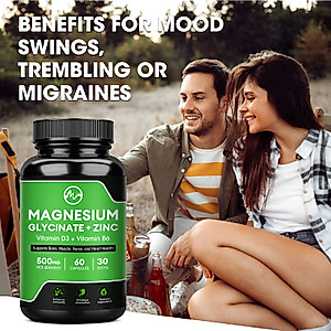 Magnesium Glycinate Capsules, Magnesium Glycinate Supplement with Magnesium Glycinate 500 mg, Zinc, Vitamin D3 & B6 - Promotes Nerve, Bowel, Relaxation Function - 60 Vegan Capsules
