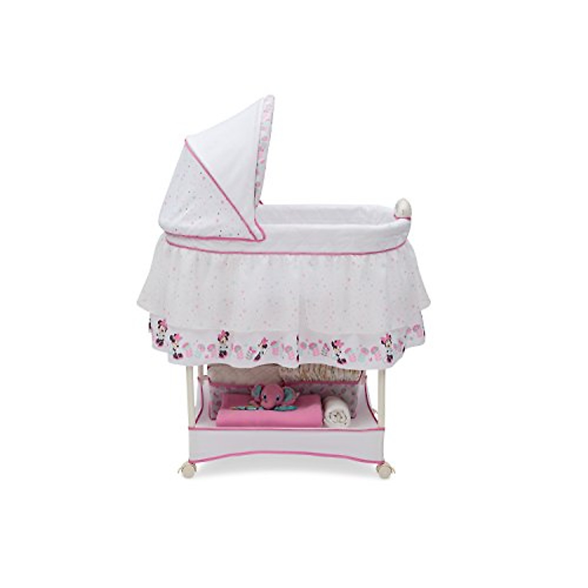 Delta Children Gliding Bedside Bassinet - Portable Crib with Lights, Sounds and Vibration, Disney Minnie Mouse Boutique