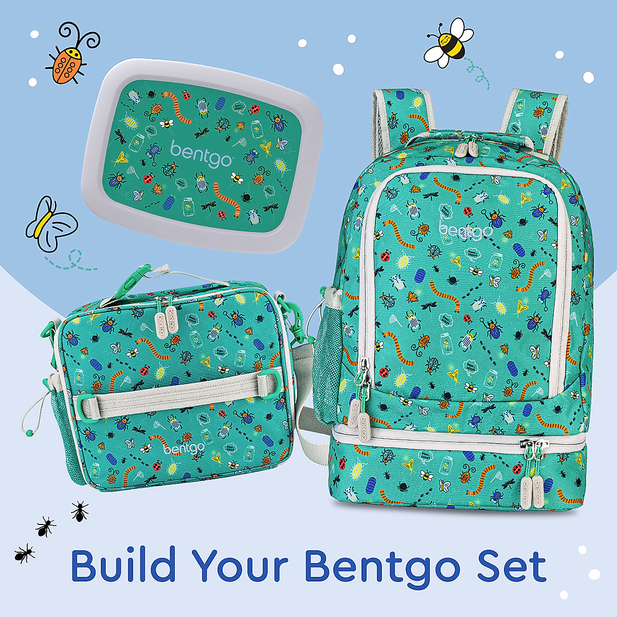 Bentgo Kids 2-in-1 Backpack & Insulated Lunch Bag - Durable 16” Backpack & Lunch Container in Unique Prints for School & Travel - Water Resistant, Padded & Large Compartments (Bug Buddies)