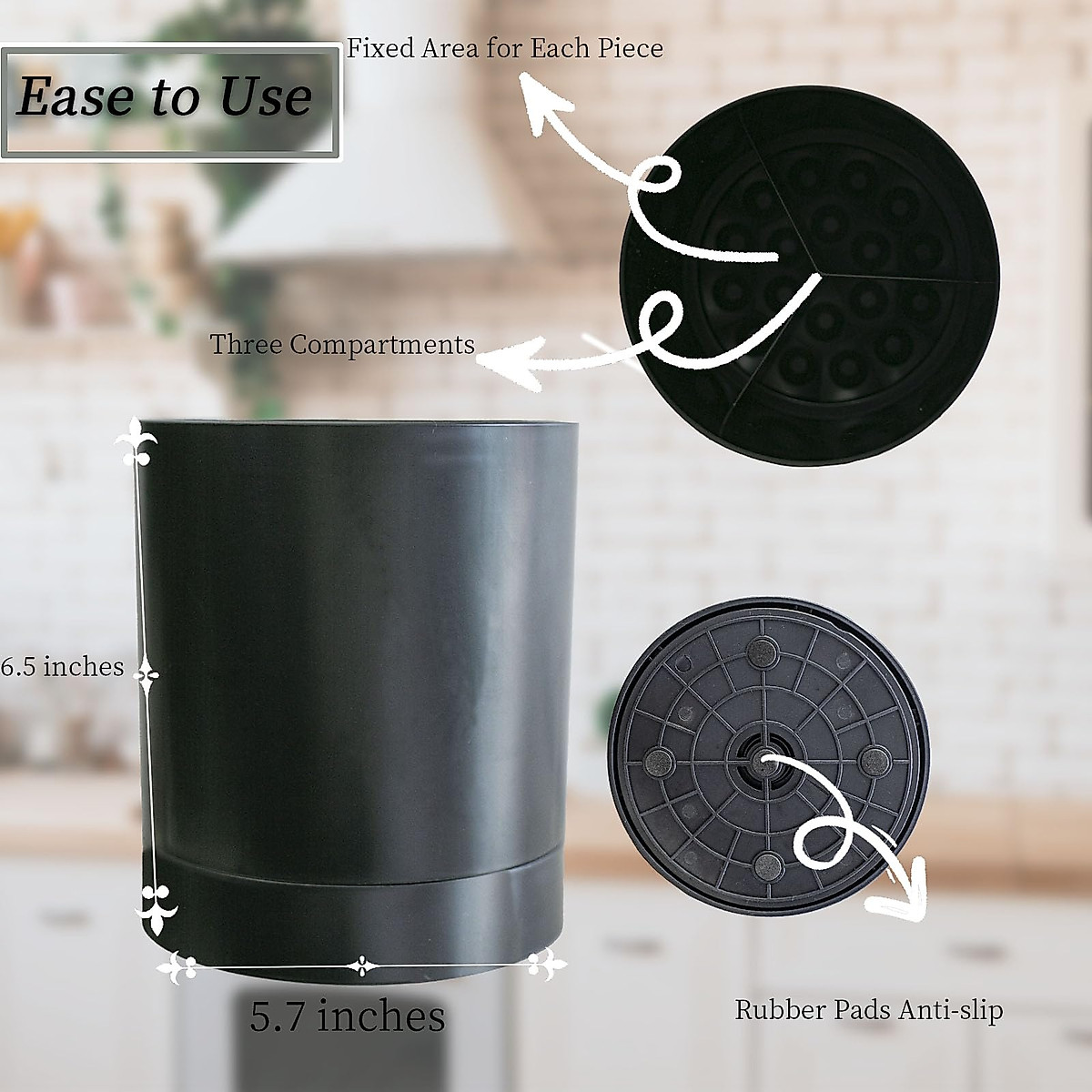 CrafArcher Large Kitchen Utensil Holder, 360° Rotating Plastic Utensil Caddy, Countertop Utensil Tools and Gadgets Organizer-Black 5.7" D x 6.5" H