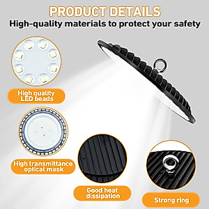 Retisee 2 Pieces 150W UFO LED High Bay Light, 120V Waterproof Commercial Bay Lighting, 6000-6500K Daylight 16500LM with Power Cord, Hanging Shop Light Fixtures for Workshop Garage Factory Warehouse