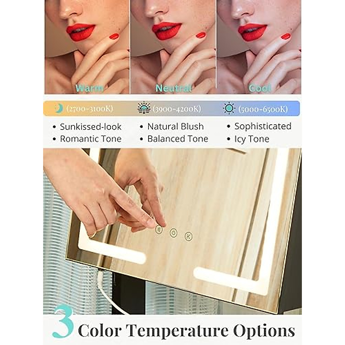 LUXFURNI LED Light Jewelry Cabinet Standing Full Screen Mirror Makeup Lockable Armoire, Large Cosmetic Storage Organizer w/Brush Holder (Black)